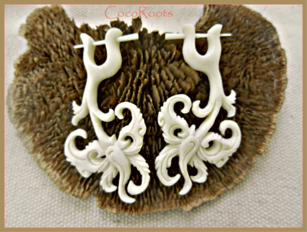Carved Natural Bone Earring Handmade Unique Butterfly Design